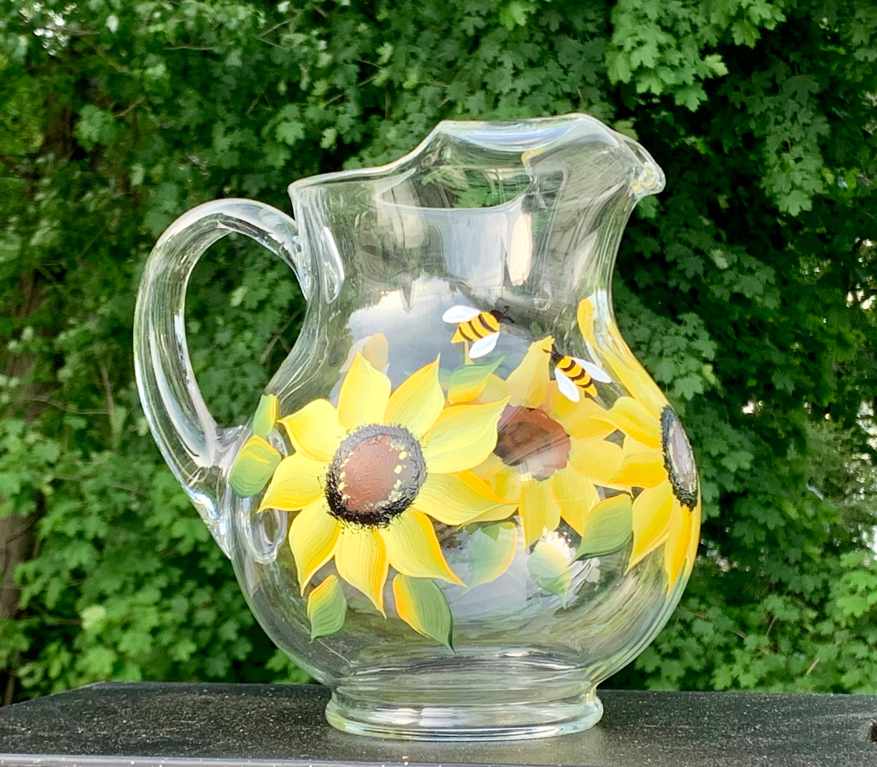 Hand Painted Glass Pitcher Sunflowers Bees, Sangria Pitcher Godmother ...