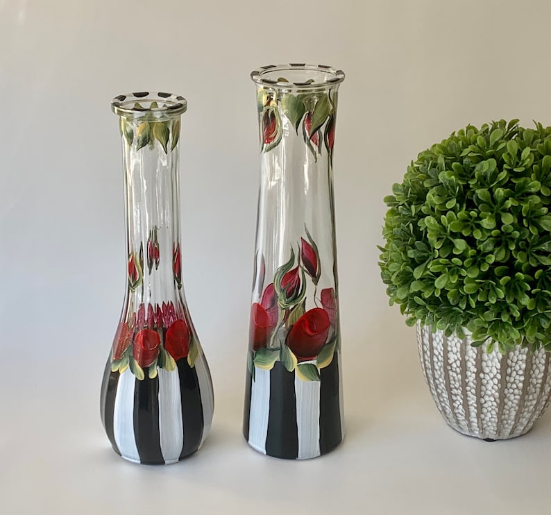 Painted bud vase glass roses vase black white vase roses | Etsy
