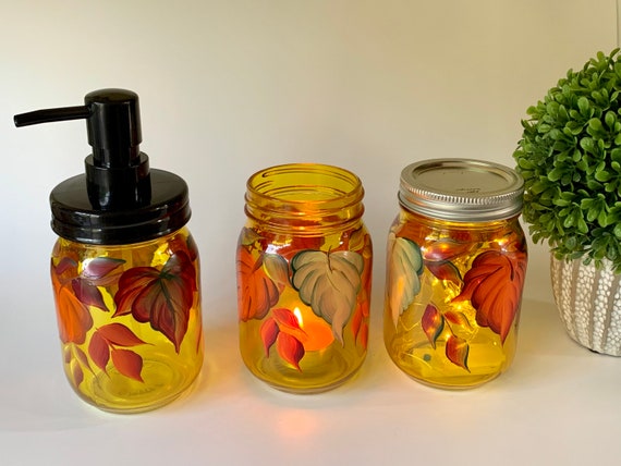 Fall Soap Dispenser Colorful Leaves Mason Jar Painted Glass - Etsy