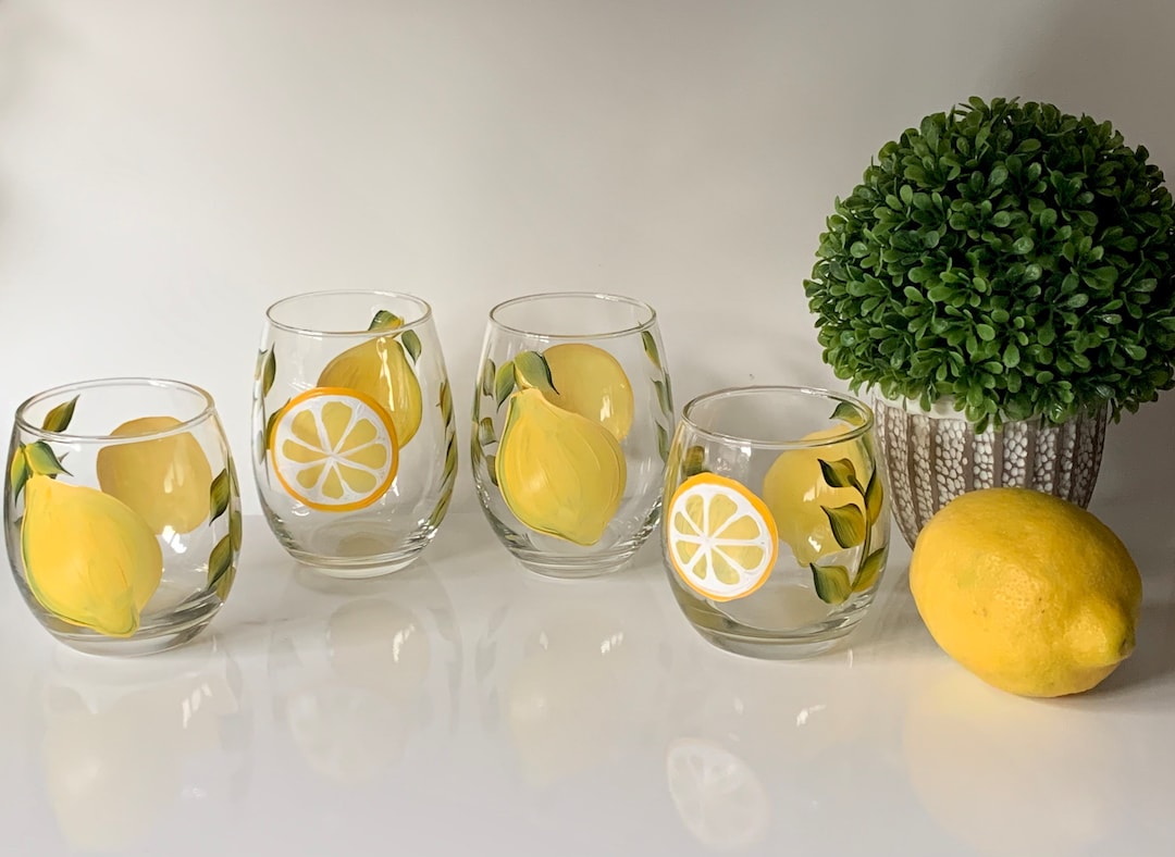 Painted Stemless Lemons Wine Glasses, Lemon Slices, Sister in Law Gift ...
