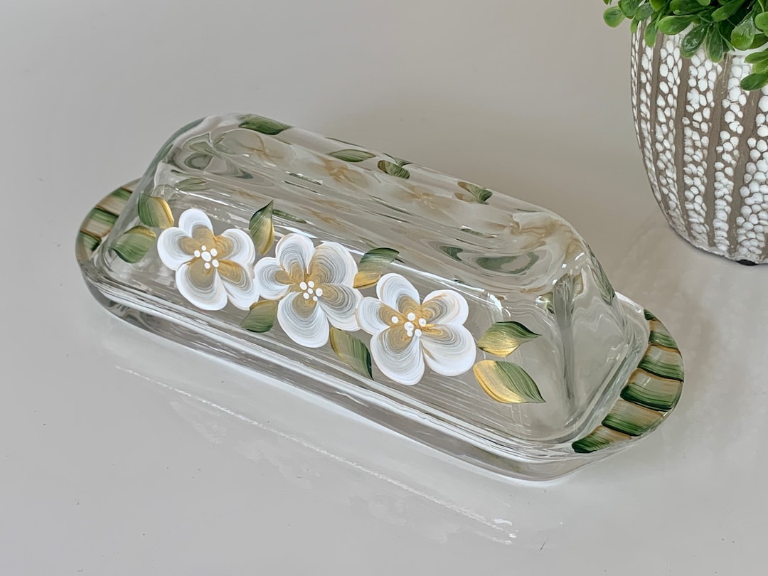 Butter Dish, Painted Glass Covered Butter Dish With Lid, Kitchen Table ...