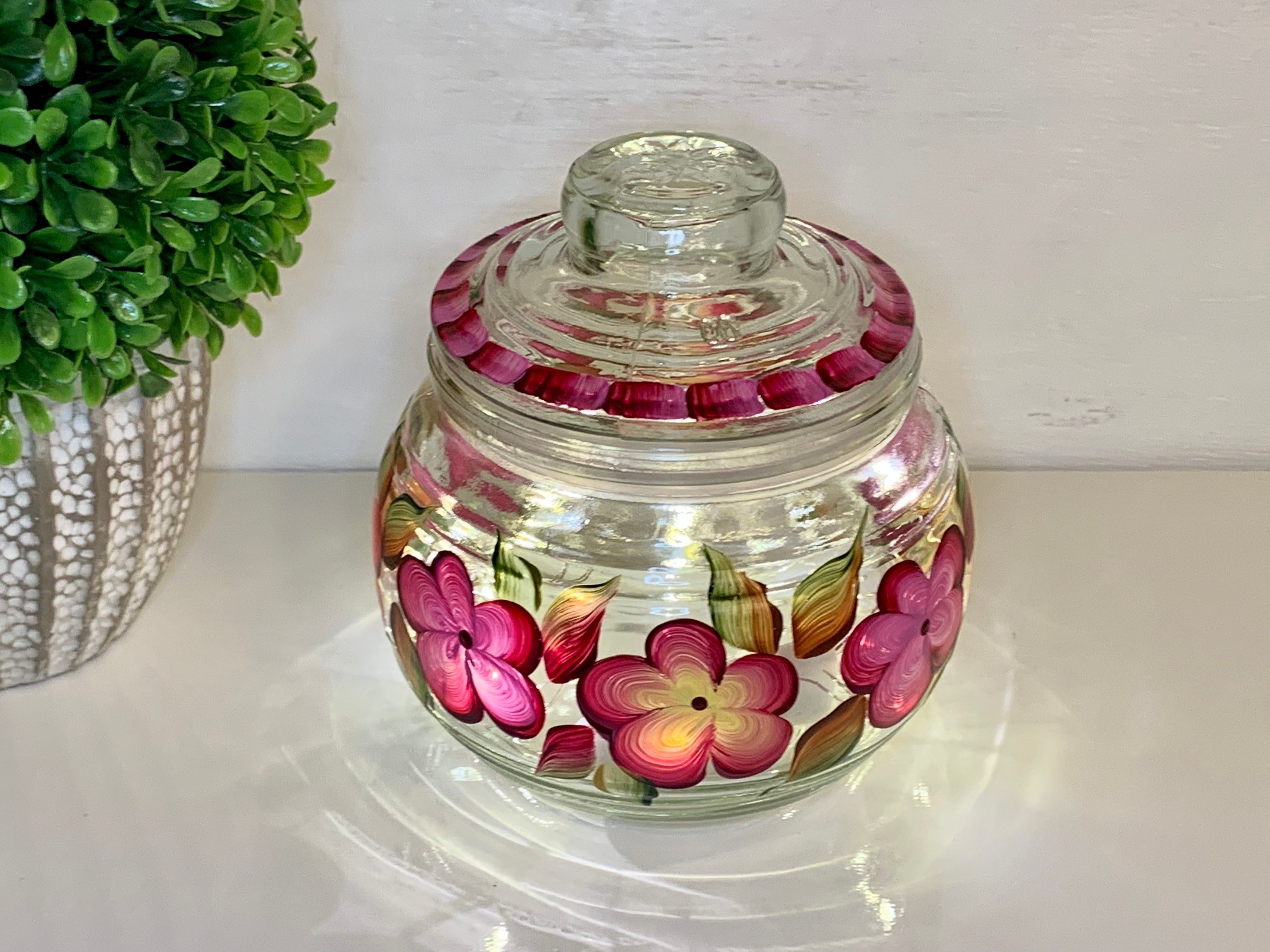 Painted Cookie Jar, Fall Flowers Candy Jar, Glass Jar With Lid, Candle ...