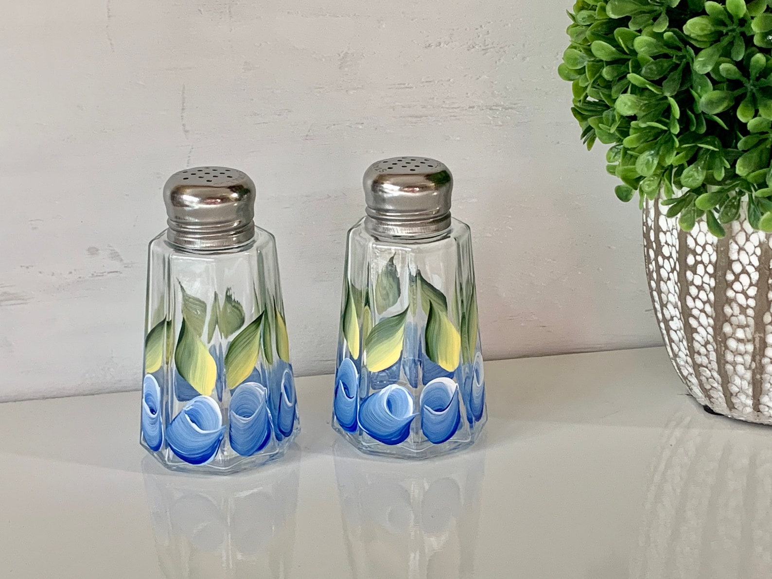 Painted Salt Pepper Shakers Blue Flowers, Glass Shaker Set Blue Roses ...