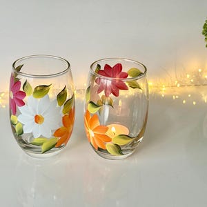 Painted Stemless Glass Colorful Daisies, 21st Birthday Gift for Her ...