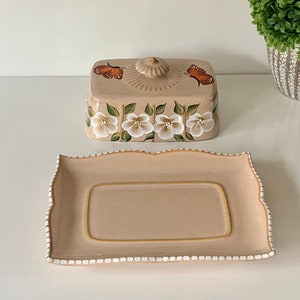 Painted Butter Dish With Monarch Butterflies, White Flowers Ceramic ...