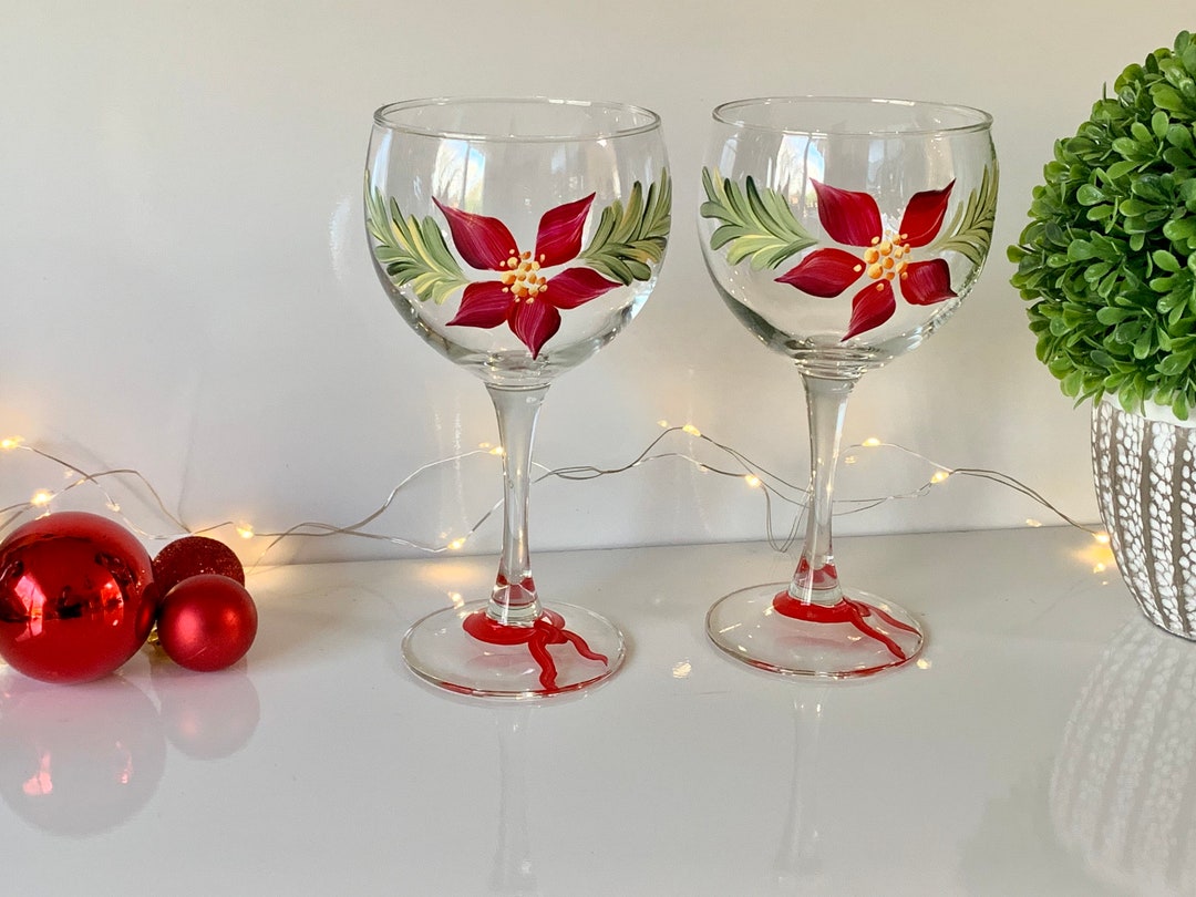Christmas Wine Glasses Poinsettia, Christmas Goblet, Holiday Stemmed ...