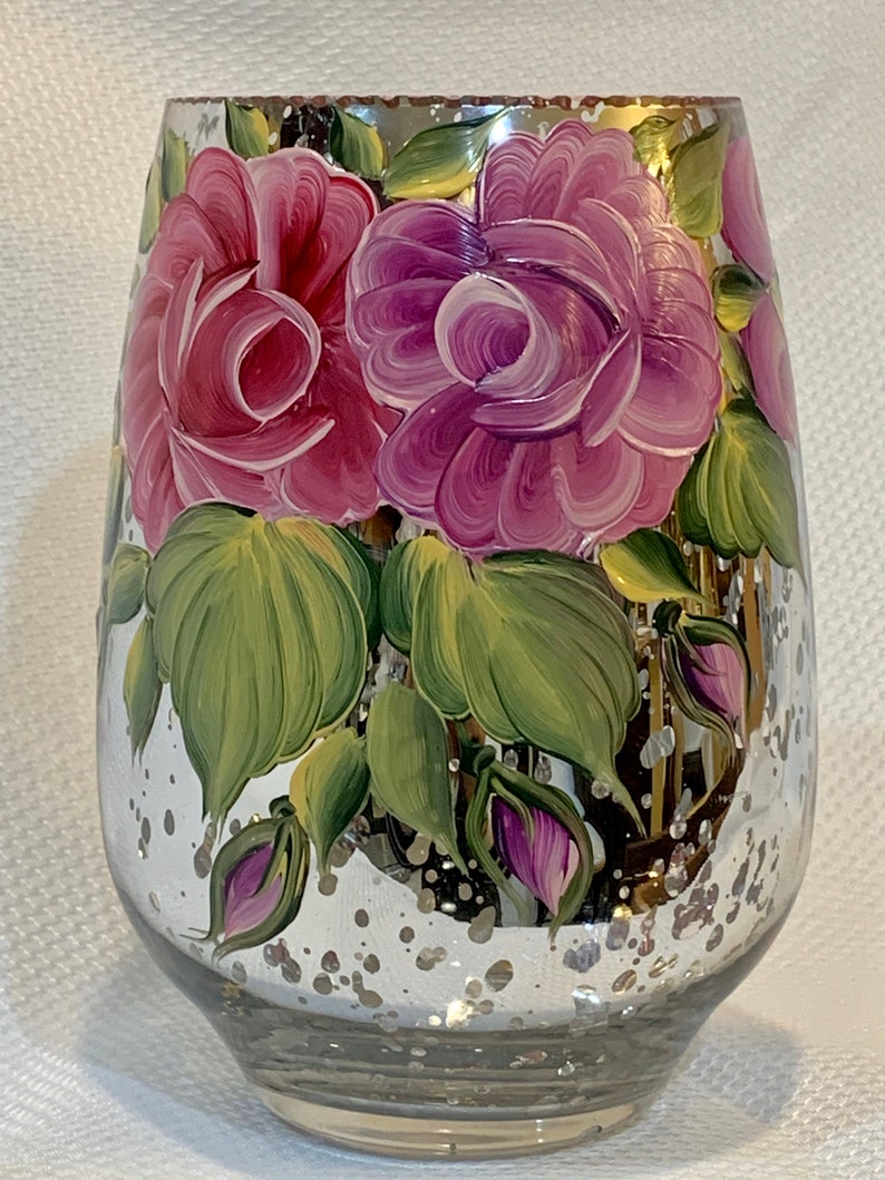 Painted Glass Vase With Beautiful Roses. | Etsy