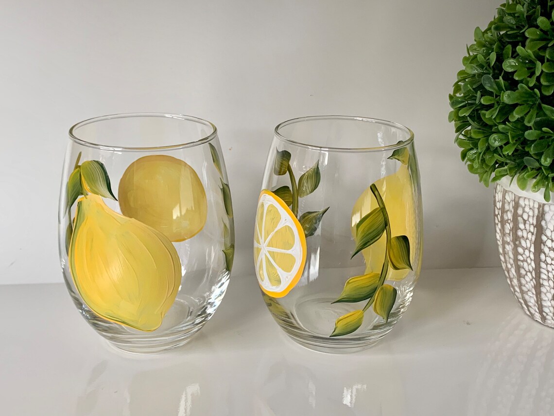 Painted Stemless Lemons Wine Glasses Lemon Slices Sister in - Etsy