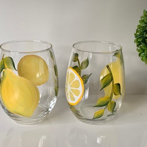 Painted Stemless Lemons Wine Glasses, Lemon Slices, Sister in Law Gift ...
