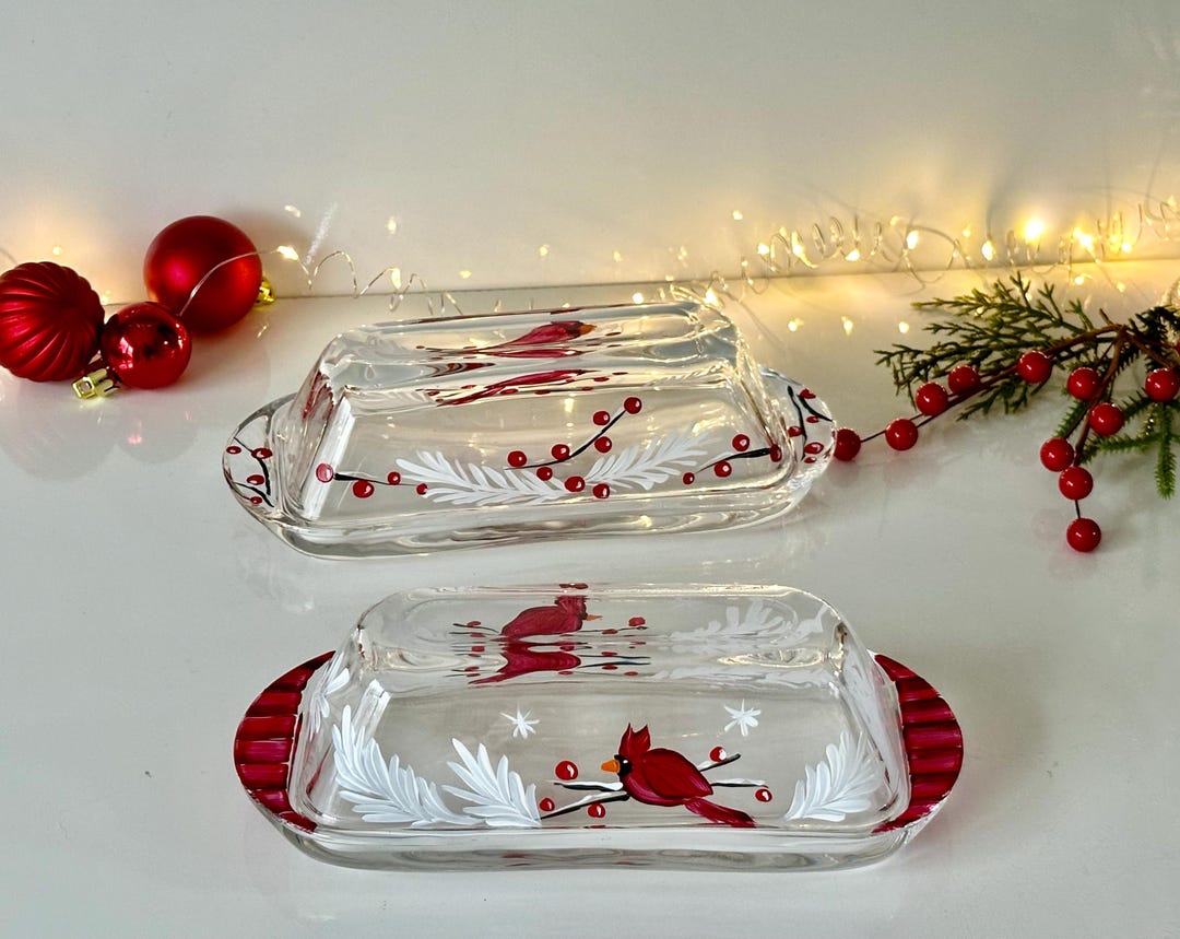 Cardinal Glass Butter Dish Christmas, Hand Painted Winter Berry Covered ...