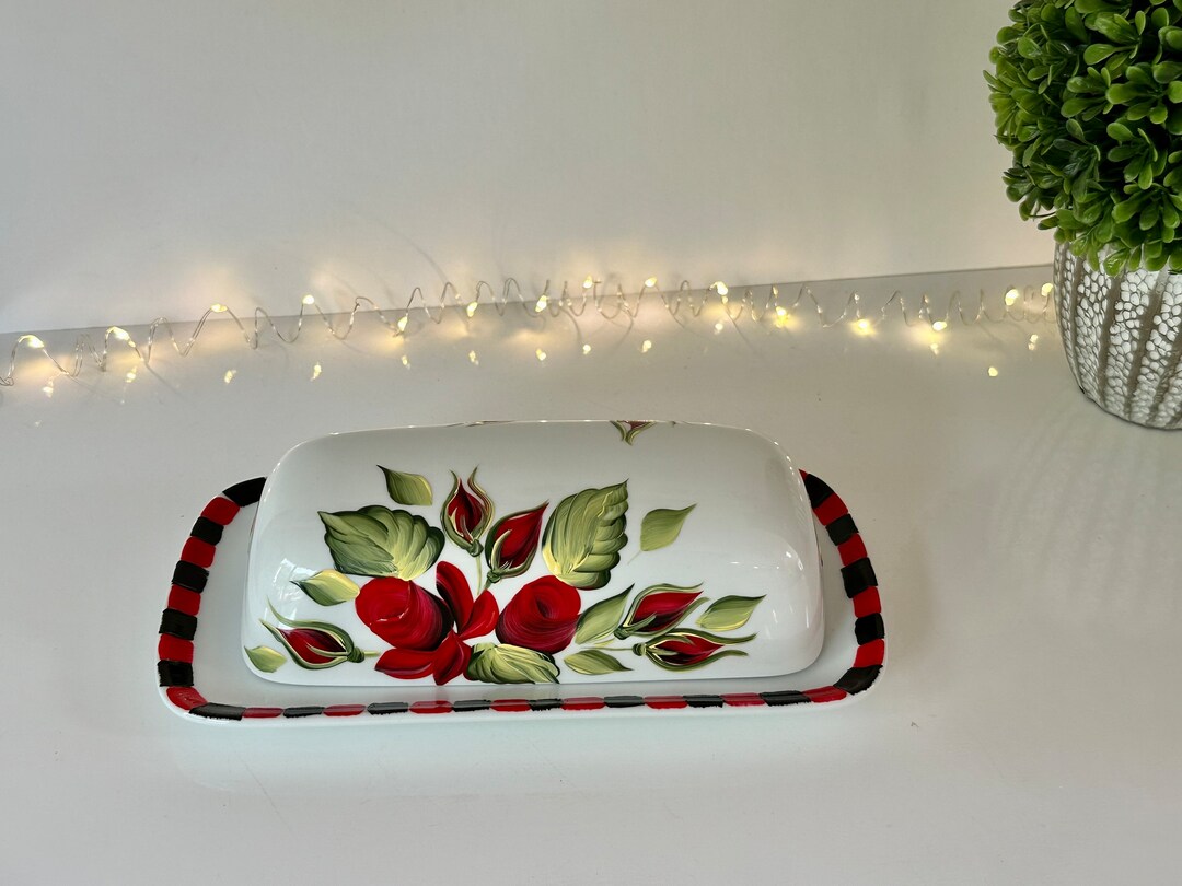 Butter Dish, Hand Painted Red Roses Ceramic Butter Dish, Covered Butter ...