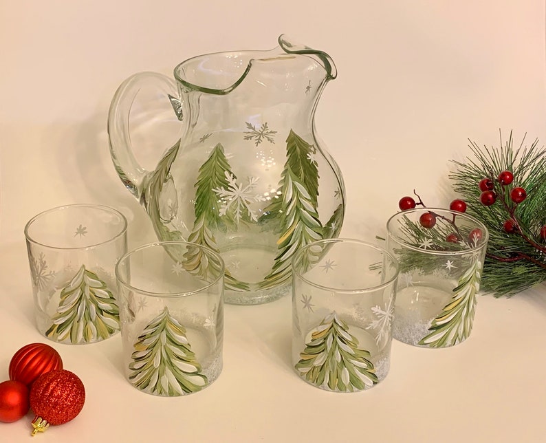Painted Glass Pitcher Set With Winter Trees, Holiday Pitcher, Christmas ...