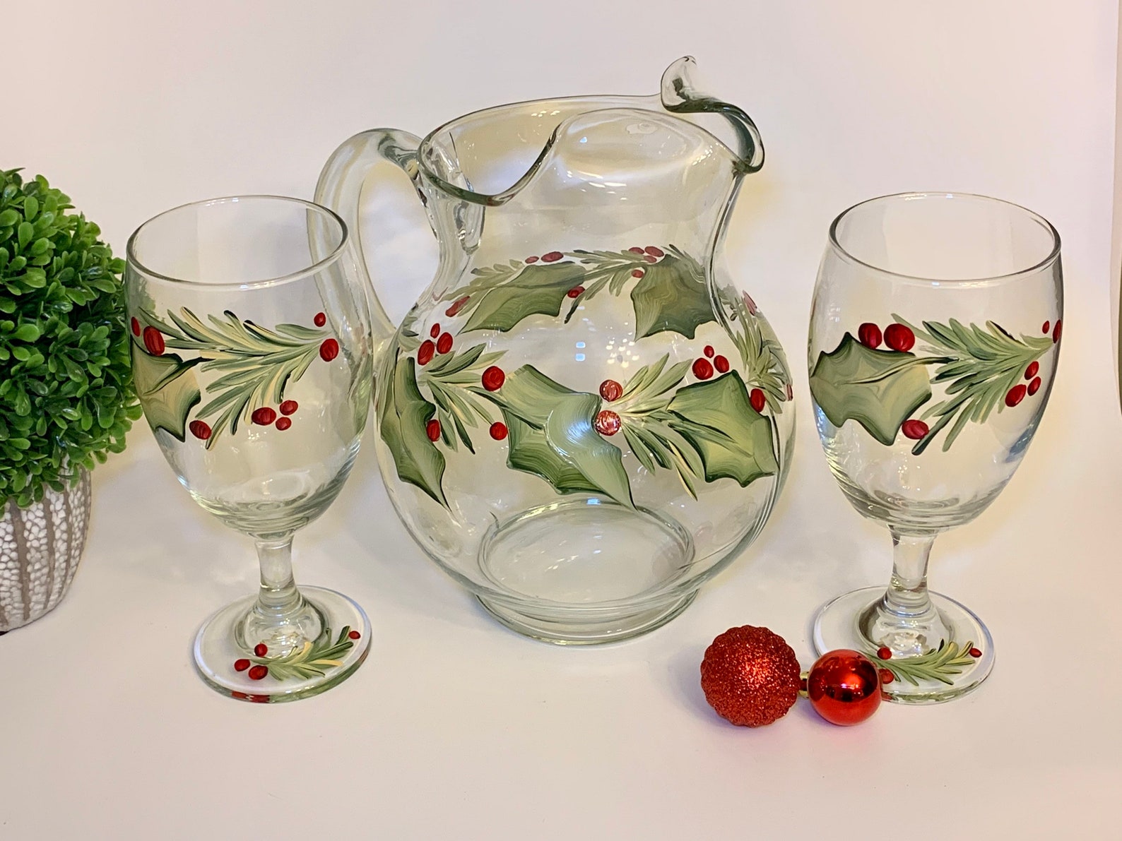 Hand Painted Glass Pitcher Set With Christmas Berries, Holiday Pitcher ...