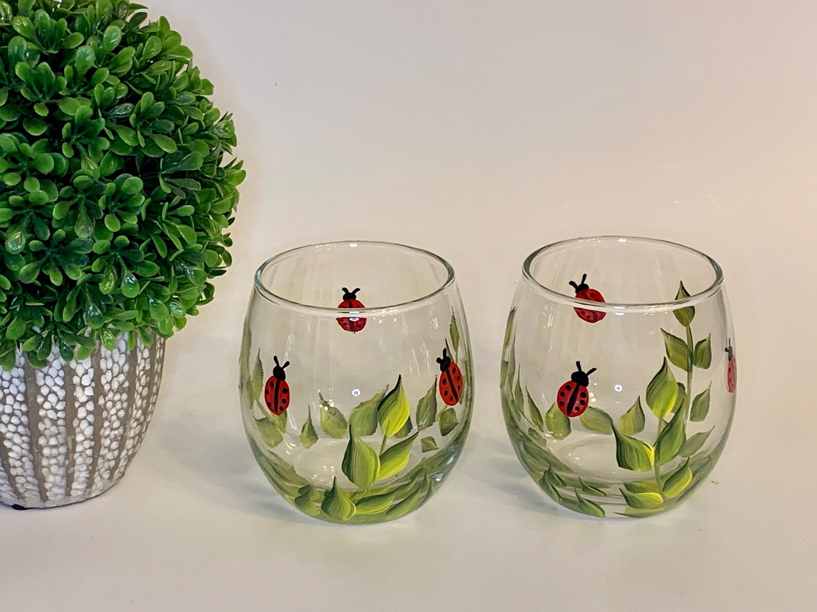Painted Wine Glasses, Stemless Ladybugs, Valentines Gift, Painted ...