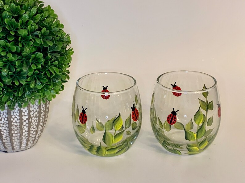 Painted Wine Glasses, Stemless Ladybugs, Valentines Gift, Painted ...