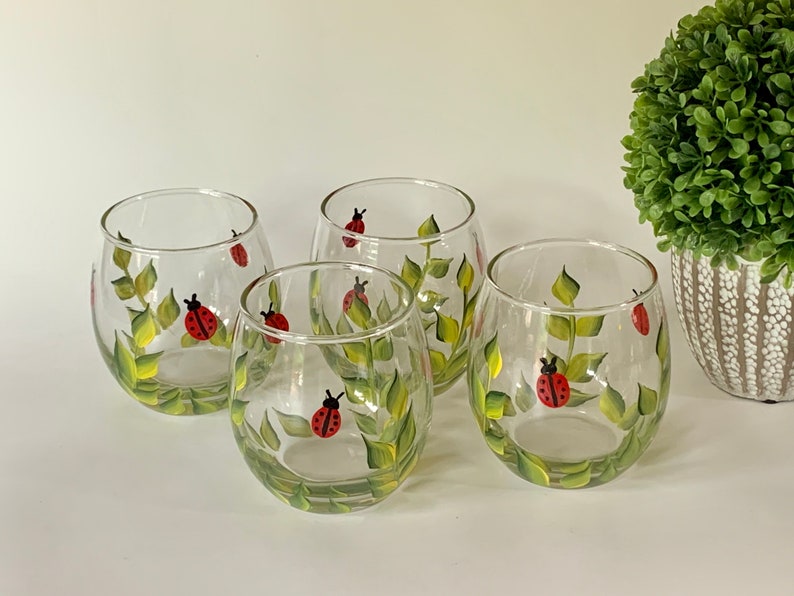 Painted Wine Glasses, Stemless Ladybugs, Valentines Gift, Painted ...