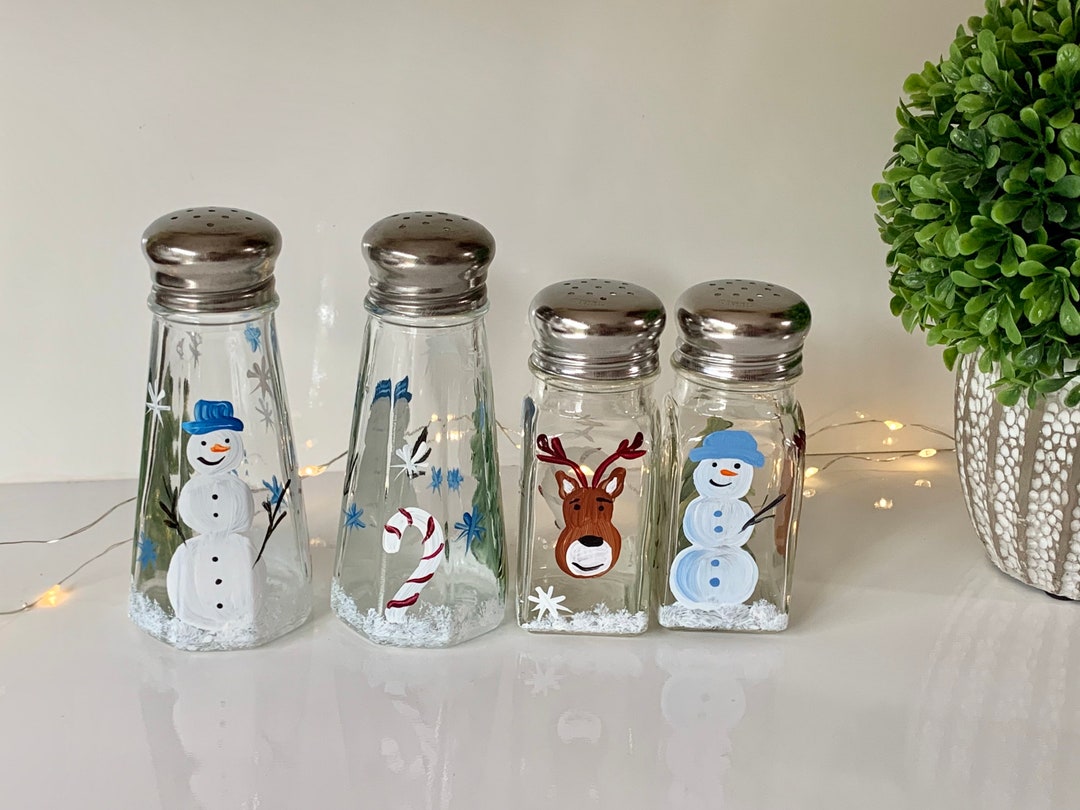 Snowman Salt Pepper Winter Shakers, Holiday Glass Shakers, Painted ...