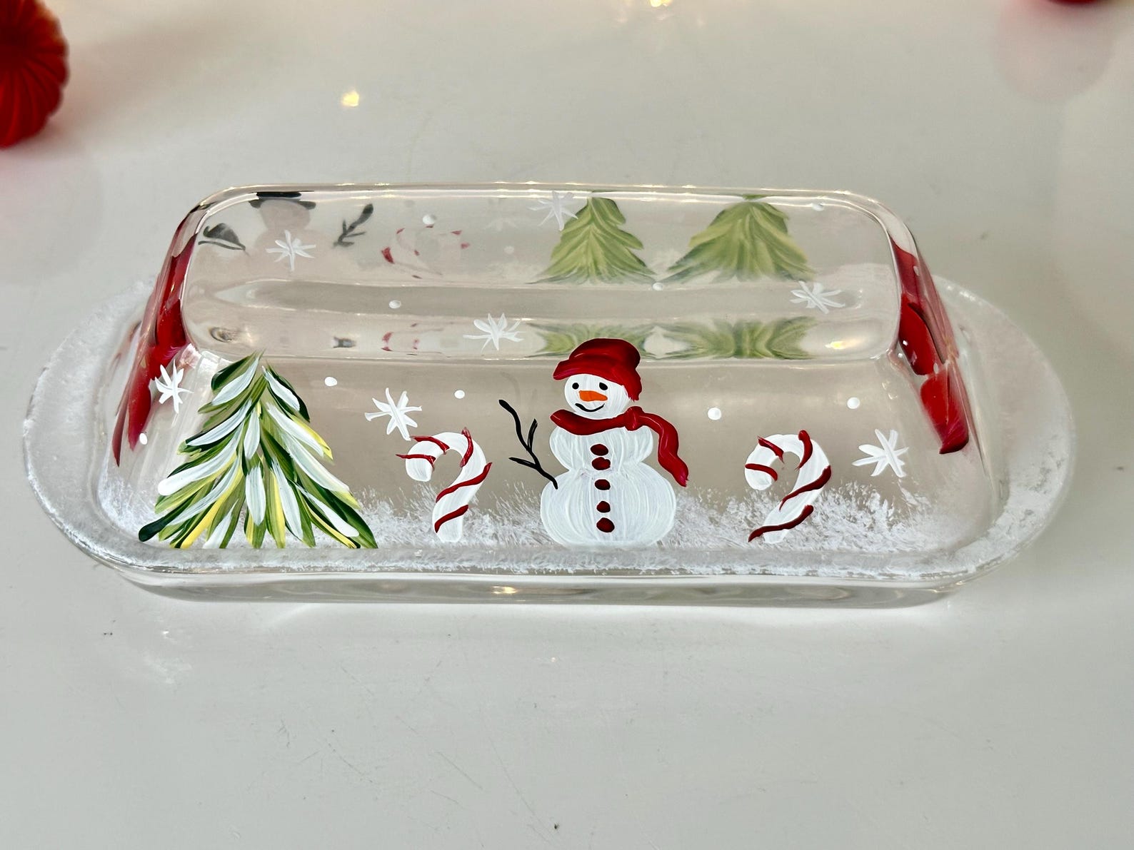Christmas Glass Butter Dish With Lid, Winter Berry Candy Cane ...