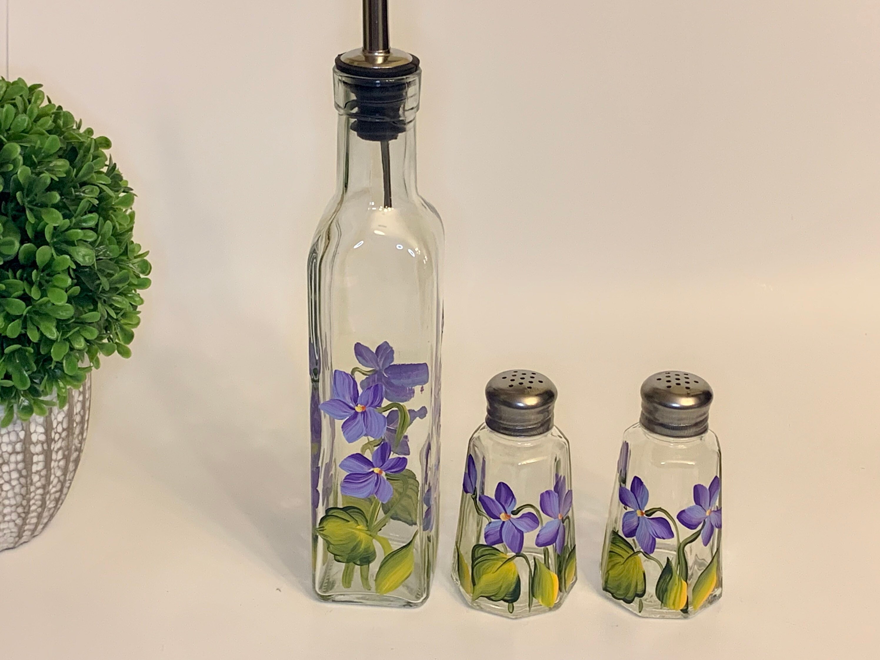 Painted Salt and Pepper Shakers With Violets, Shaker Set, Glass Shakers ...