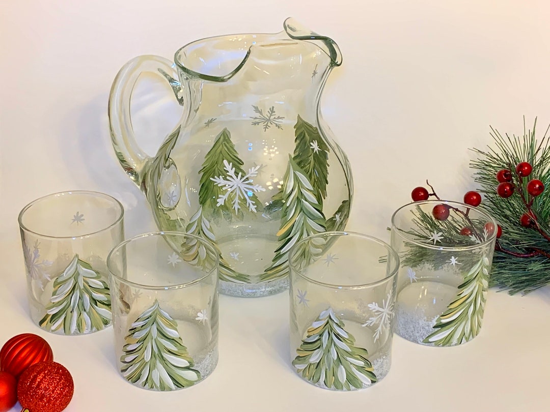 Painted Glass Pitcher Set With Winter Trees, Holiday Pitcher, Christmas ...