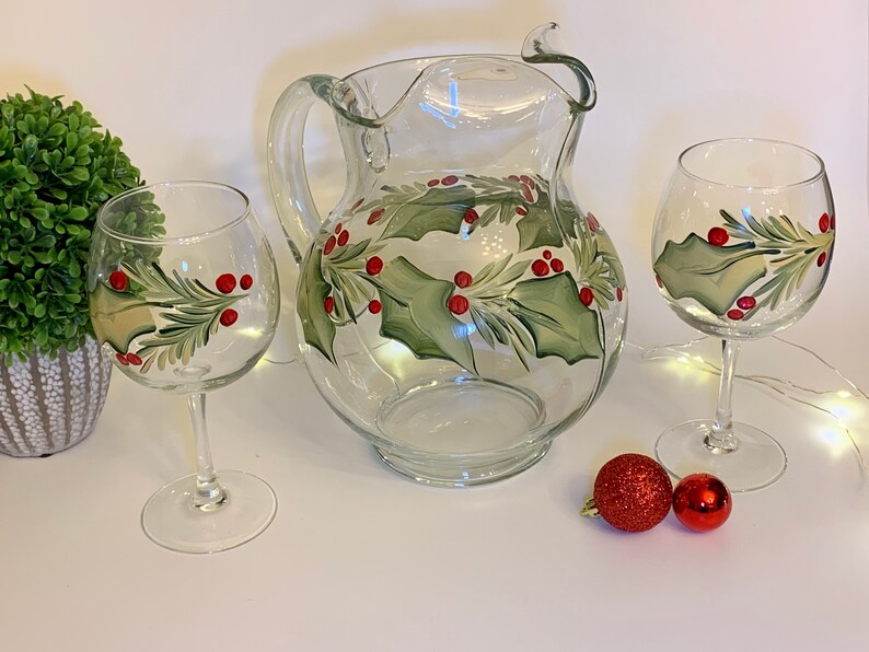 Hand Painted Glass Pitcher Set With Christmas Berries, Holiday Pitcher ...