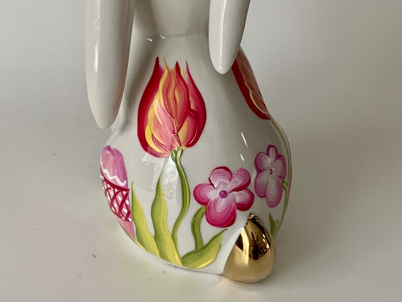 Hand Painted Easter Bunny Pink Tulips Ceramic Bunny Cute - Etsy