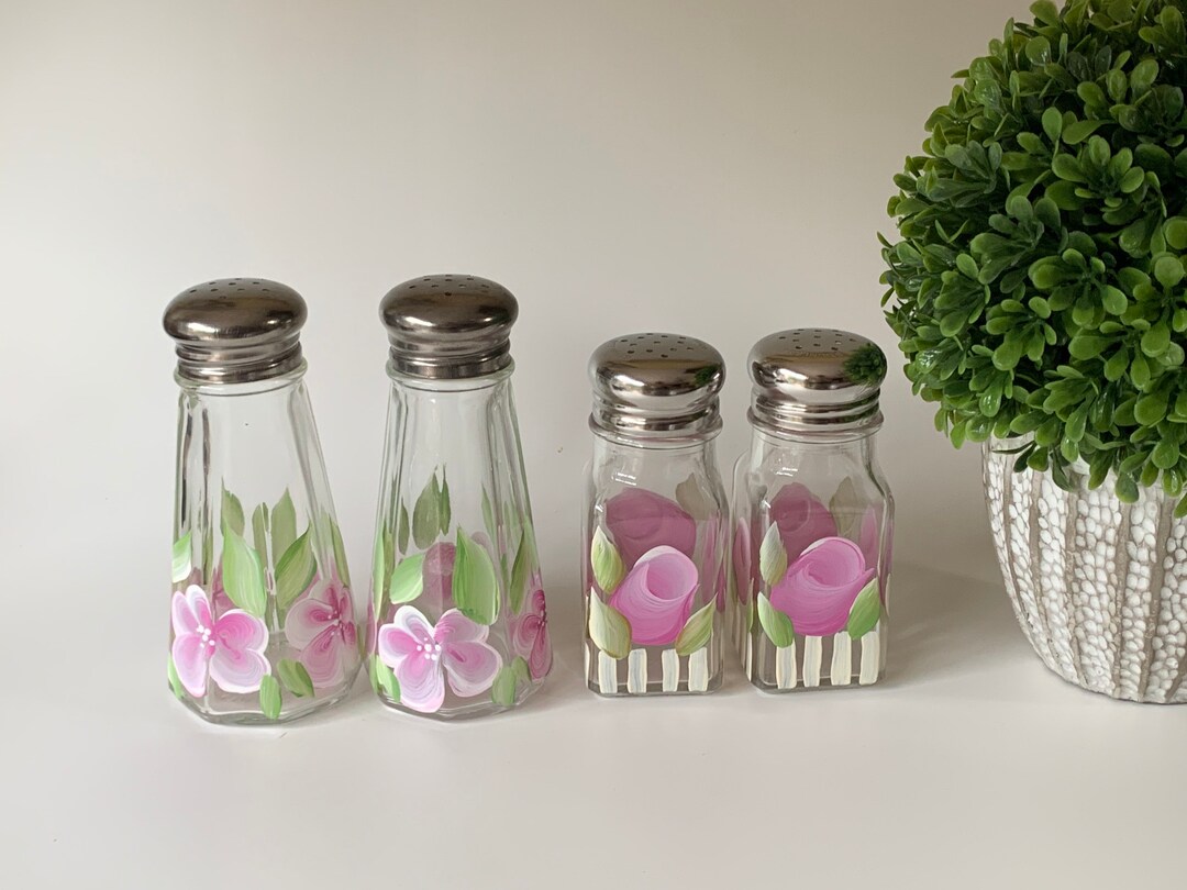 Painted Salt and Pepper Shakers With Pink Rose Buds and Flowers, Glass ...