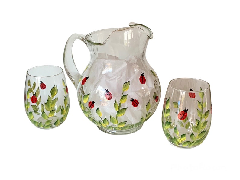 Ladybugs Pitcher Set Large Water Pitcher, Painted Wine Glasses ...