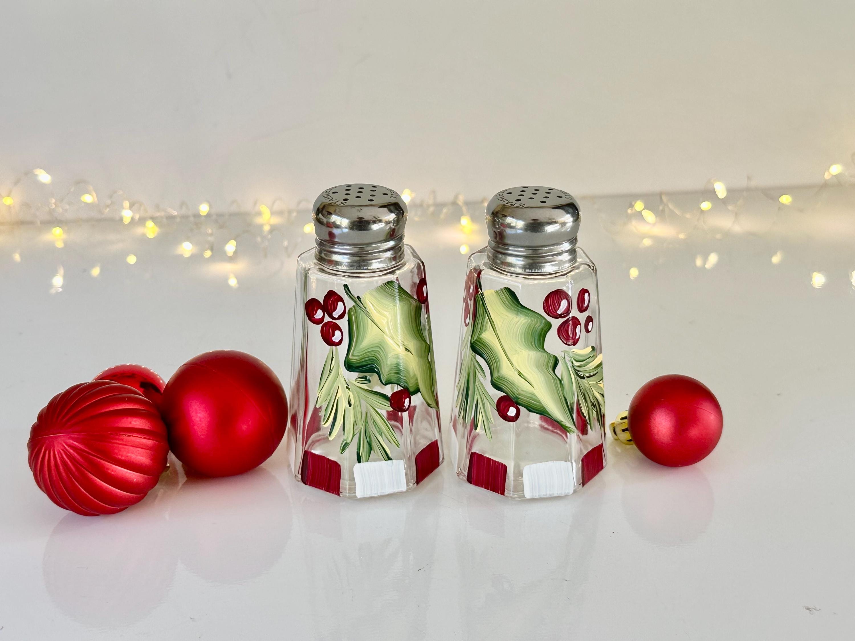 Salt and Pepper Glass Shakers Painted Winter Berry Trees, Christmas ...