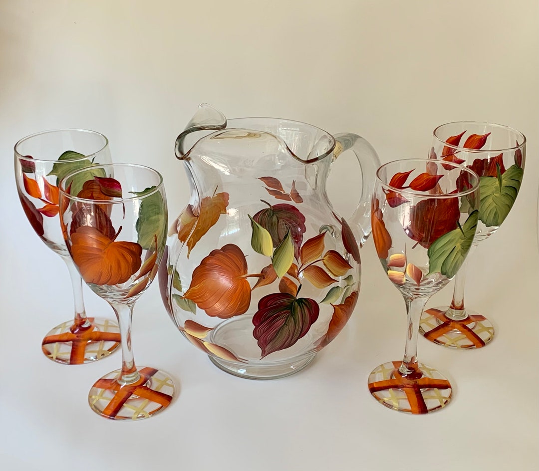 Hand Painted Glass Pitcher Fall Leaves Autumn Decor Mom, Colorful Fall ...