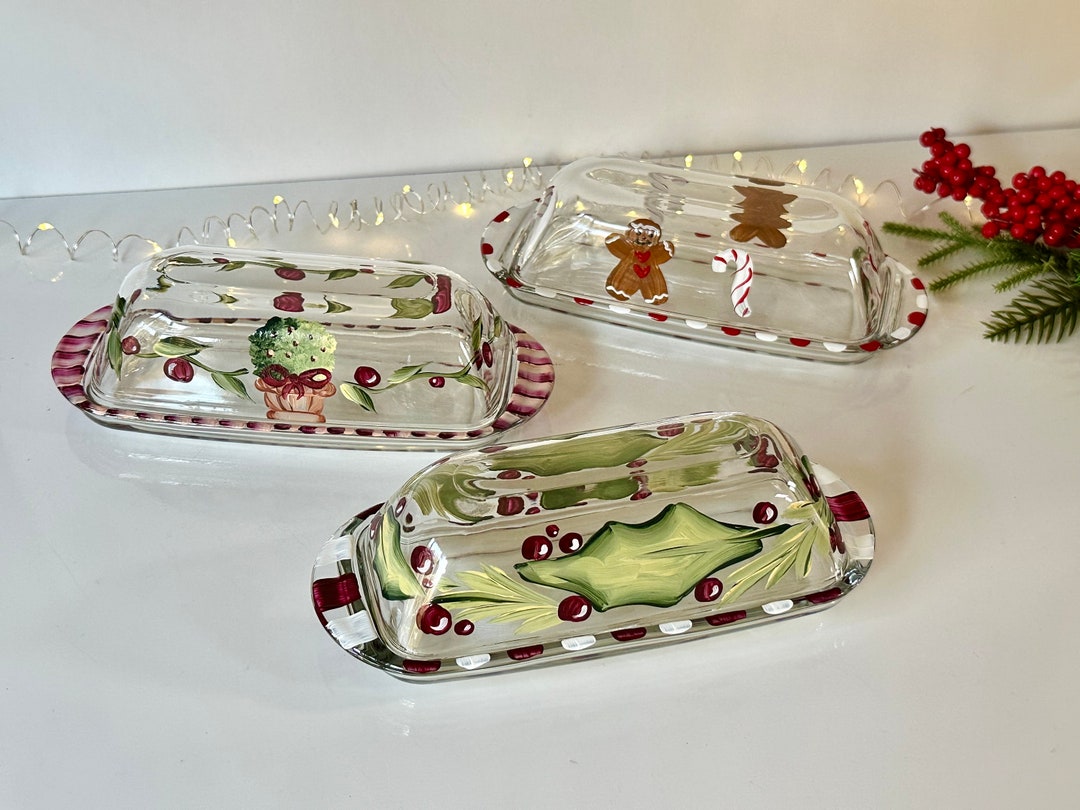 Christmas Glass Butter Dish With Lid, Winter Berry Candy Cane ...