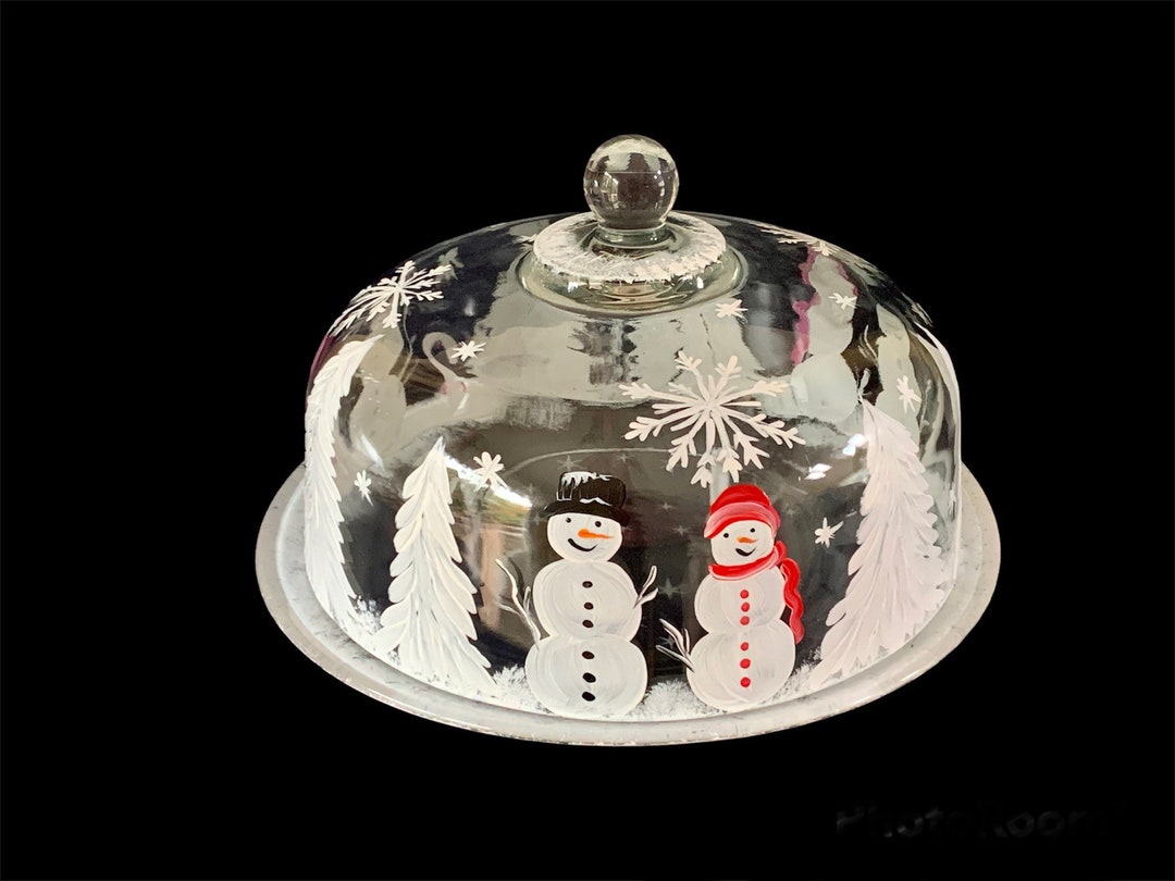Painted Glass Snowman Cake Dome Platter Set, Cake Platter, Christmas ...