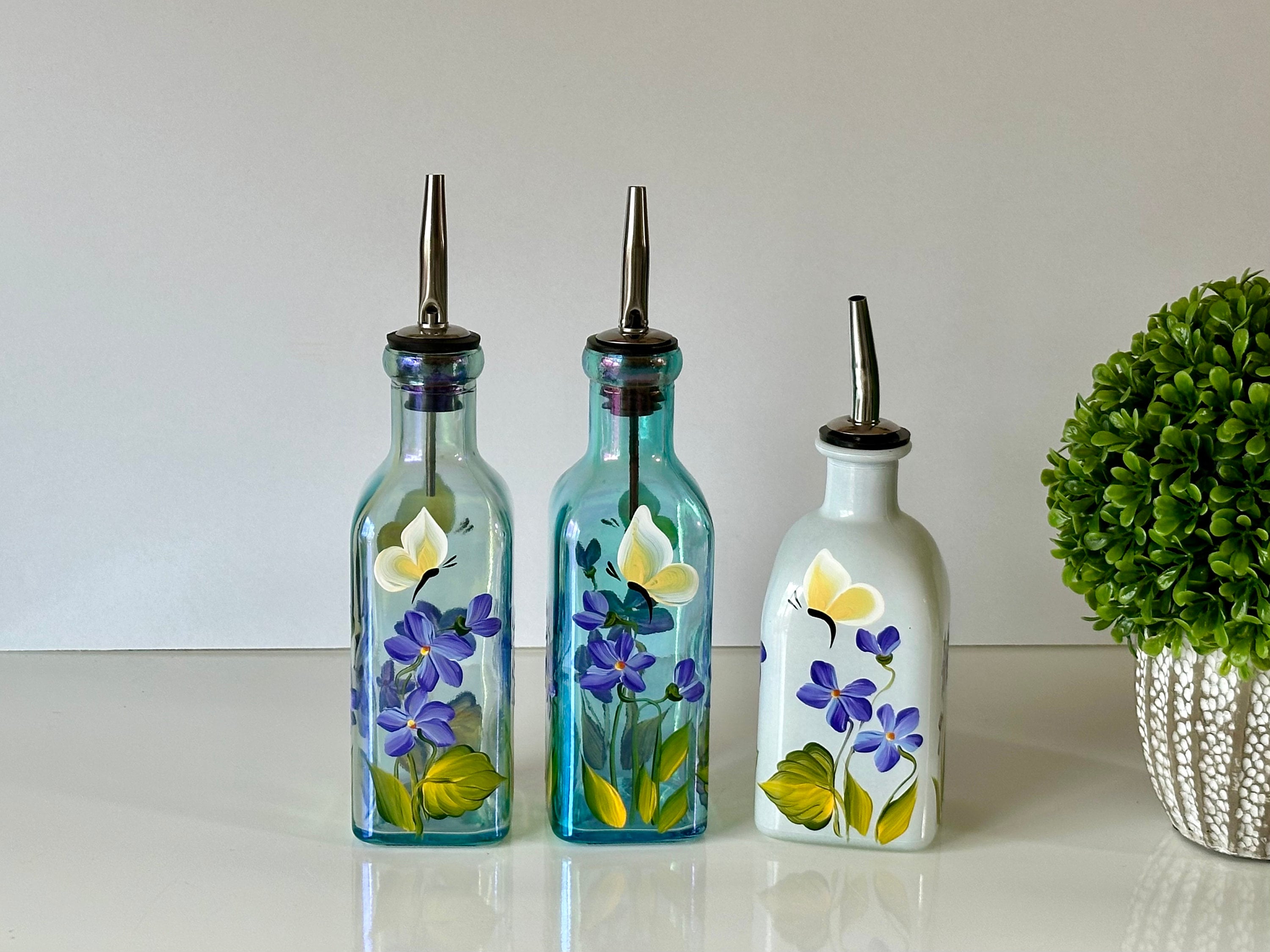 Painted Olive Oil Bottle Violets Butterfly, Glass Dish Soap Dispenser ...