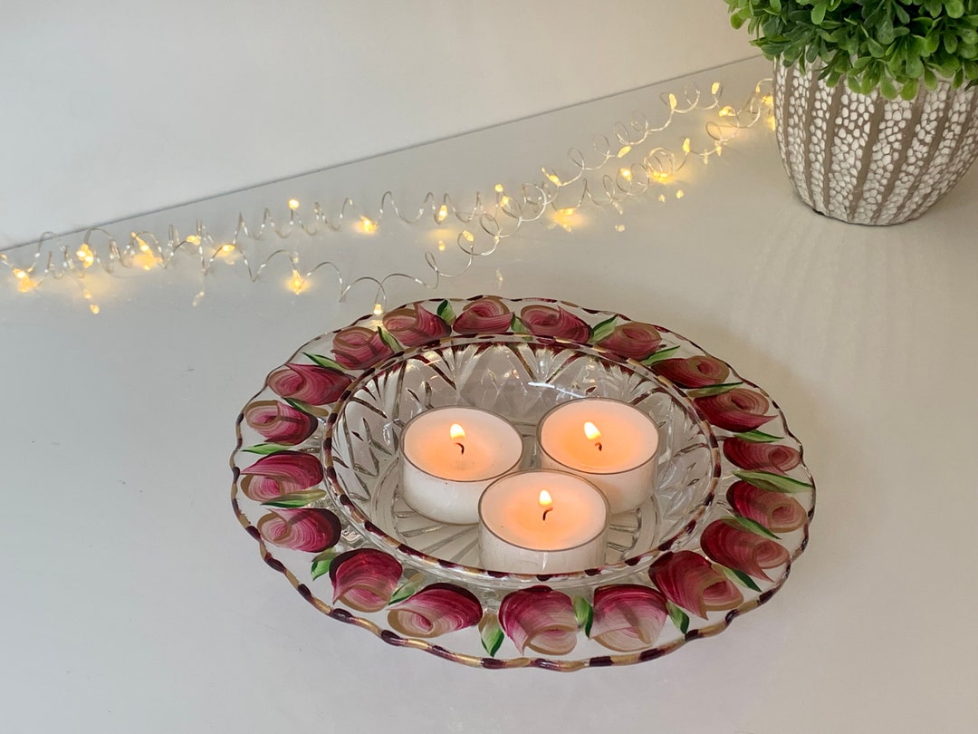 Painted Glass Decorative Dish Roses, Candy Dessert Dish, Tea Light ...