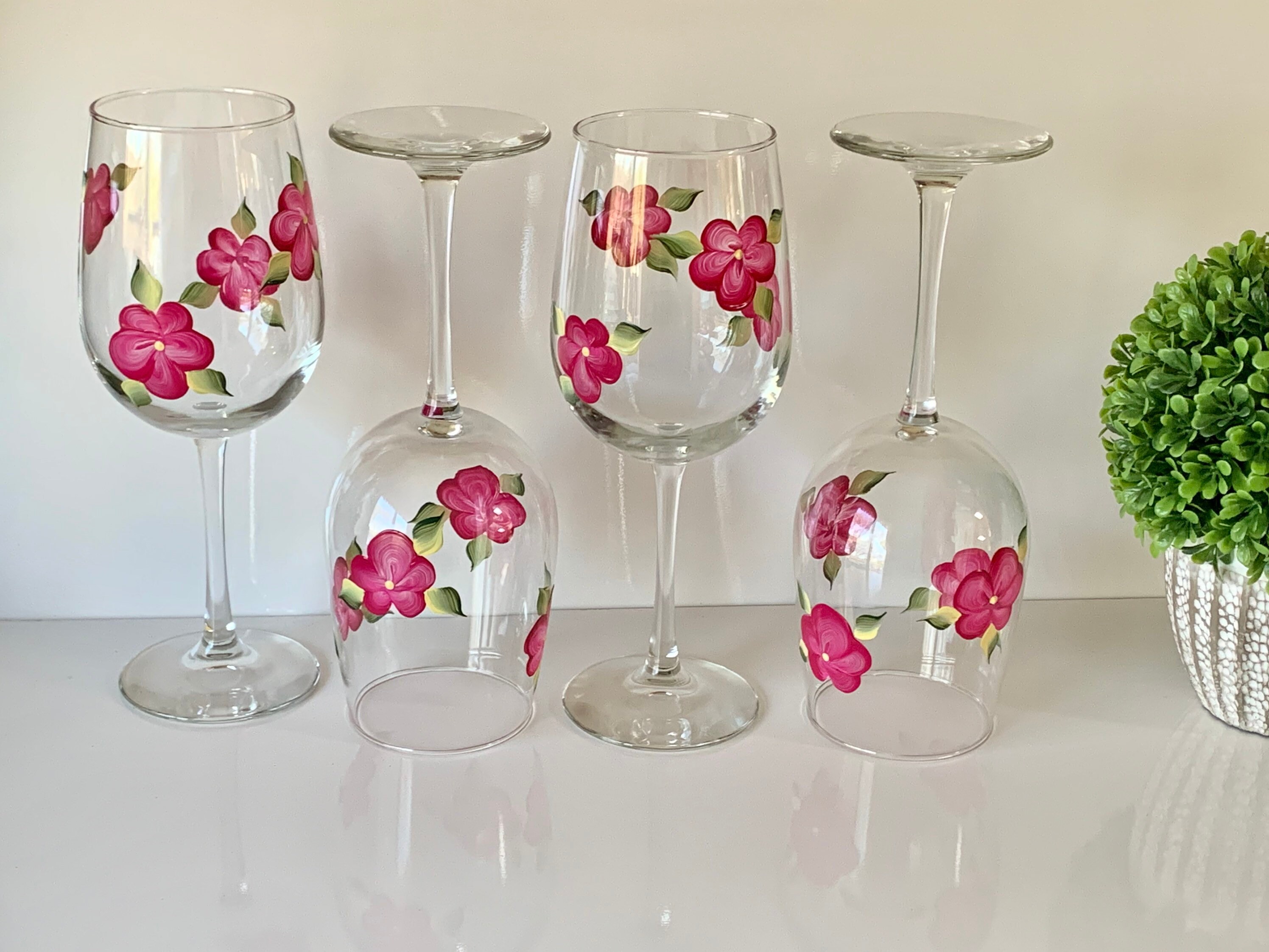 Painted Wine Glasses Magenta Flowers, 21st Birthday Gift for Her, Wine ...