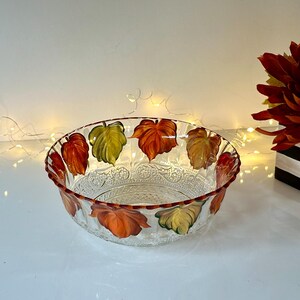 Painted Fall Glass Bowl, Thanksgiving Table Decor Colorful Leaves Salad ...