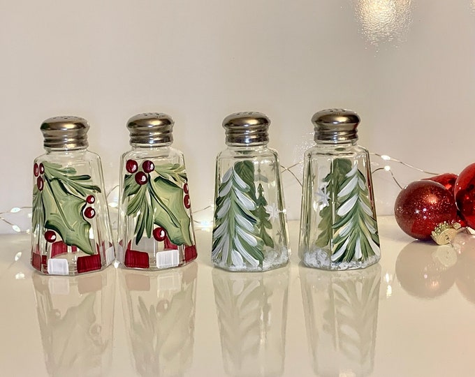 Salt and Pepper Glass Shakers Painted Winter Berry Trees, Christmas ...