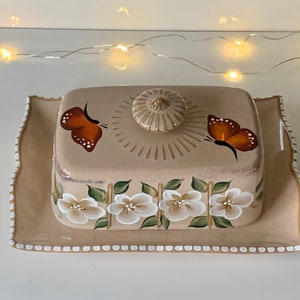 Painted Butter Dish With Monarch Butterflies, White Flowers Ceramic ...