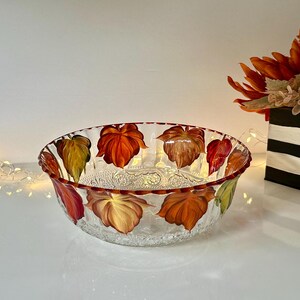 Painted Fall Glass Bowl, Thanksgiving Table Decor Colorful Leaves Salad ...