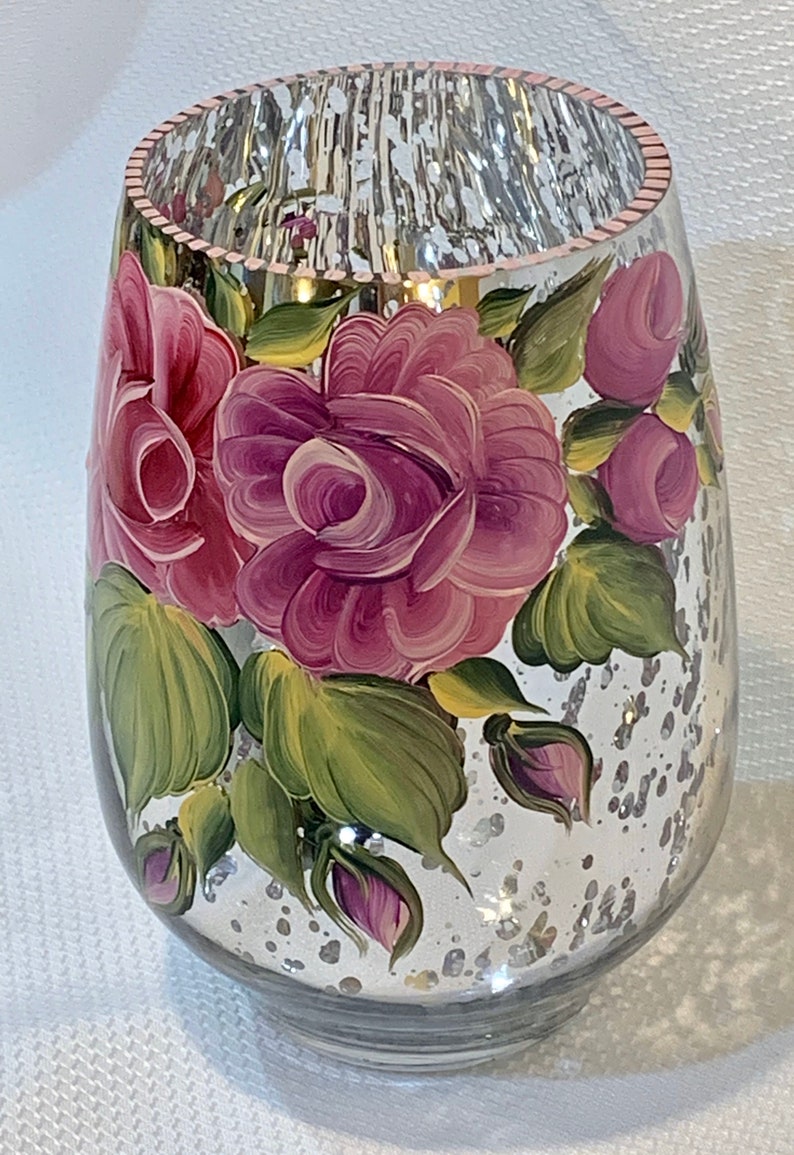 Painted Glass Vase With Beautiful Roses. | Etsy