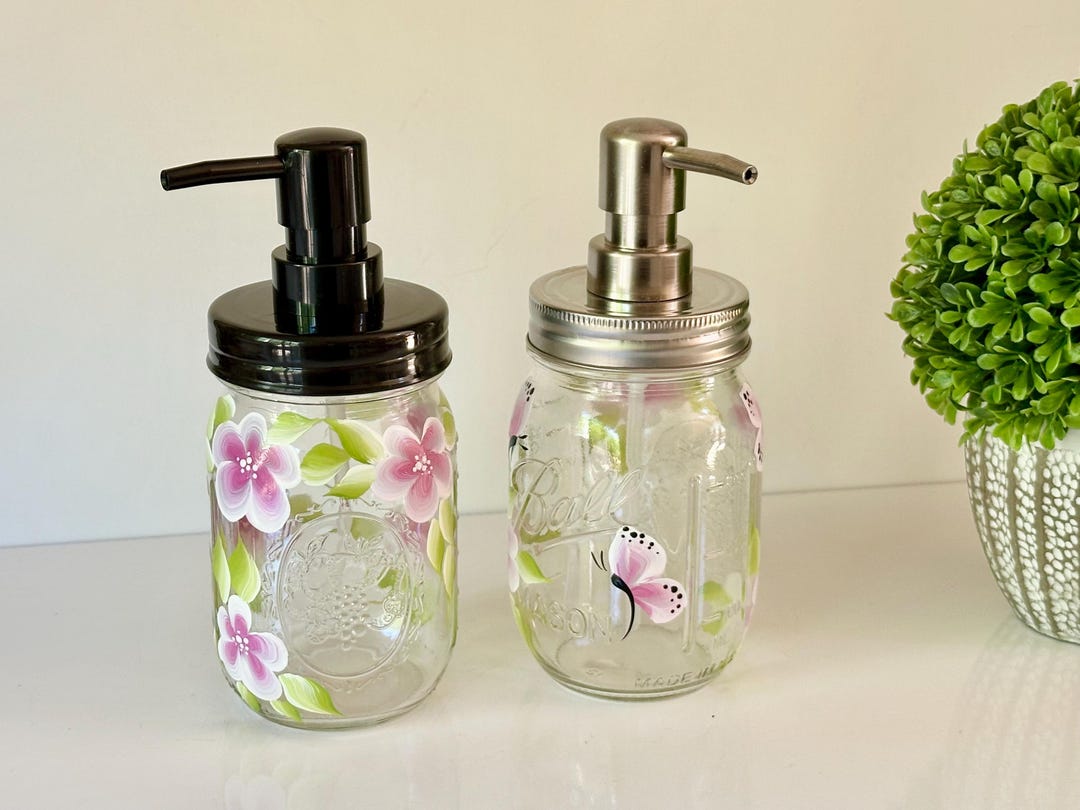 Painted Soap Dispenser Pink Flowers Mason Jar, Floral Lotion Dispenser ...