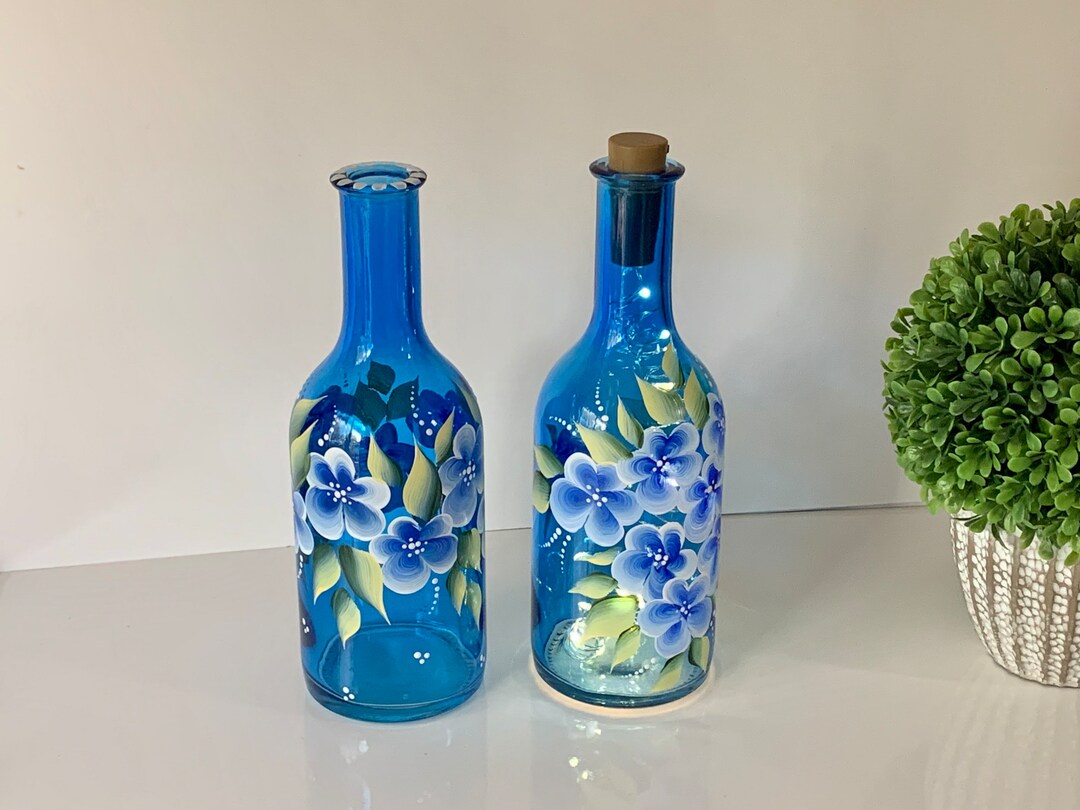 Painted Blue Bottle Blue Flowers Kitchen Decor, Lighted Blue Bathroom ...