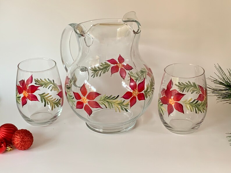 Hand Painted Glass Pitcher Set With Christmas Poinsettia, Holiday ...