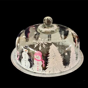 Painted Glass Snowman Cake Dome Platter Set, Cake Platter, Christmas ...