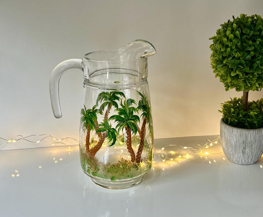 Palm Trees Glass Pitcher, Large Glass Tropical Pitcher, Water Sangria ...