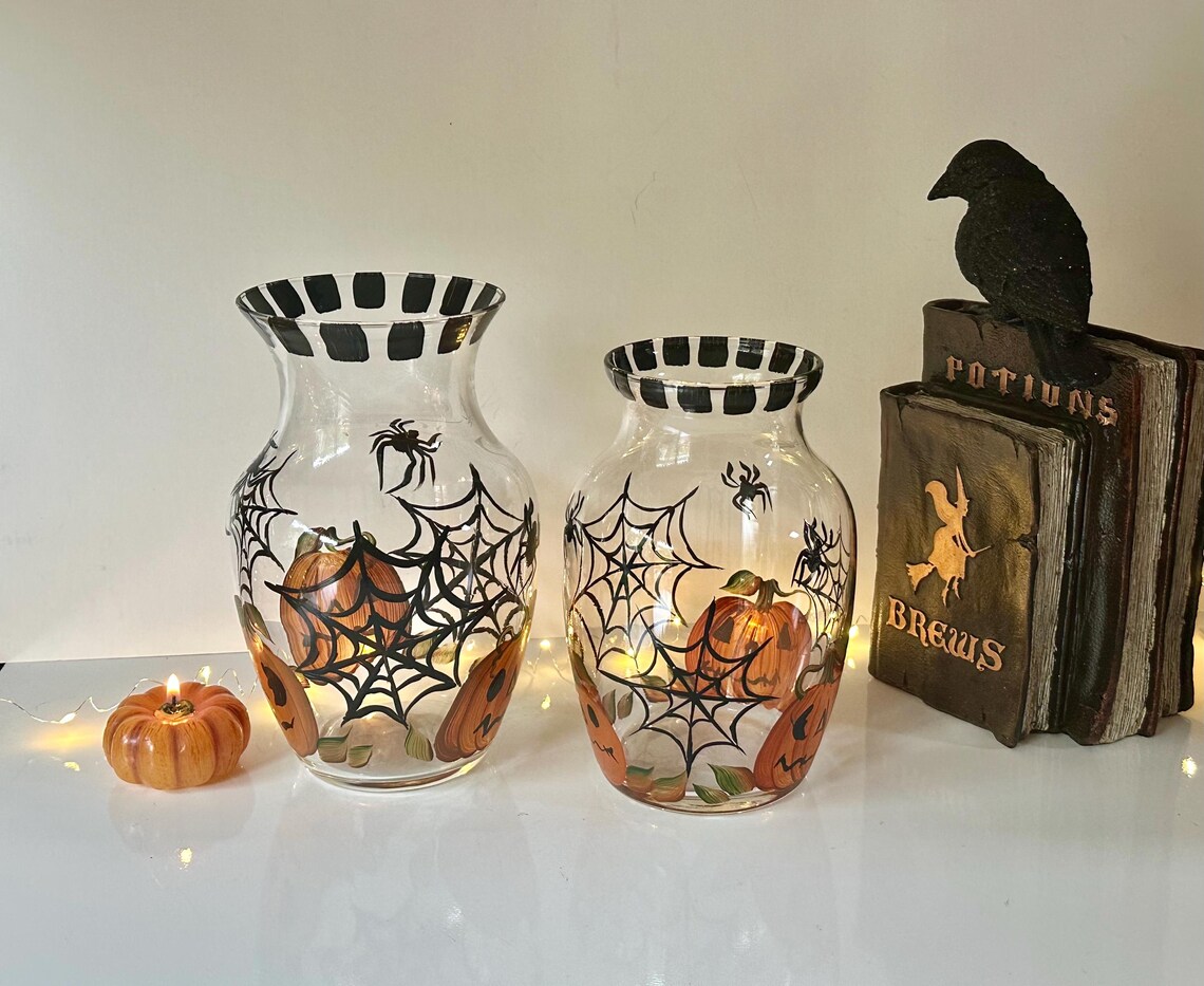 Painted Halloween Vase Spiders Autumn Table Decor, Halloween Gift ...