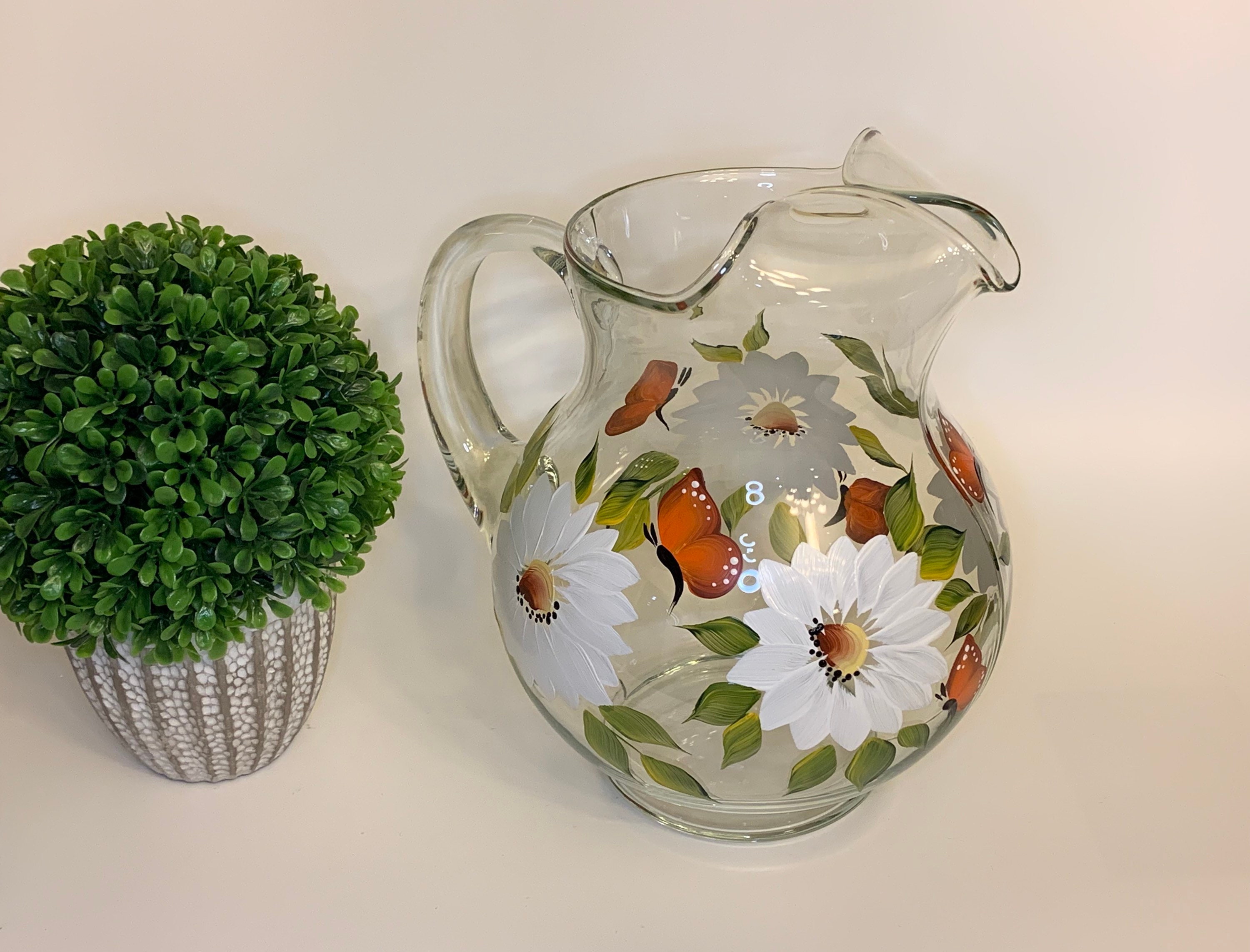 Butterfly Glass Pitcher Set, Painted Stemless Wine Glasses Daisy ...