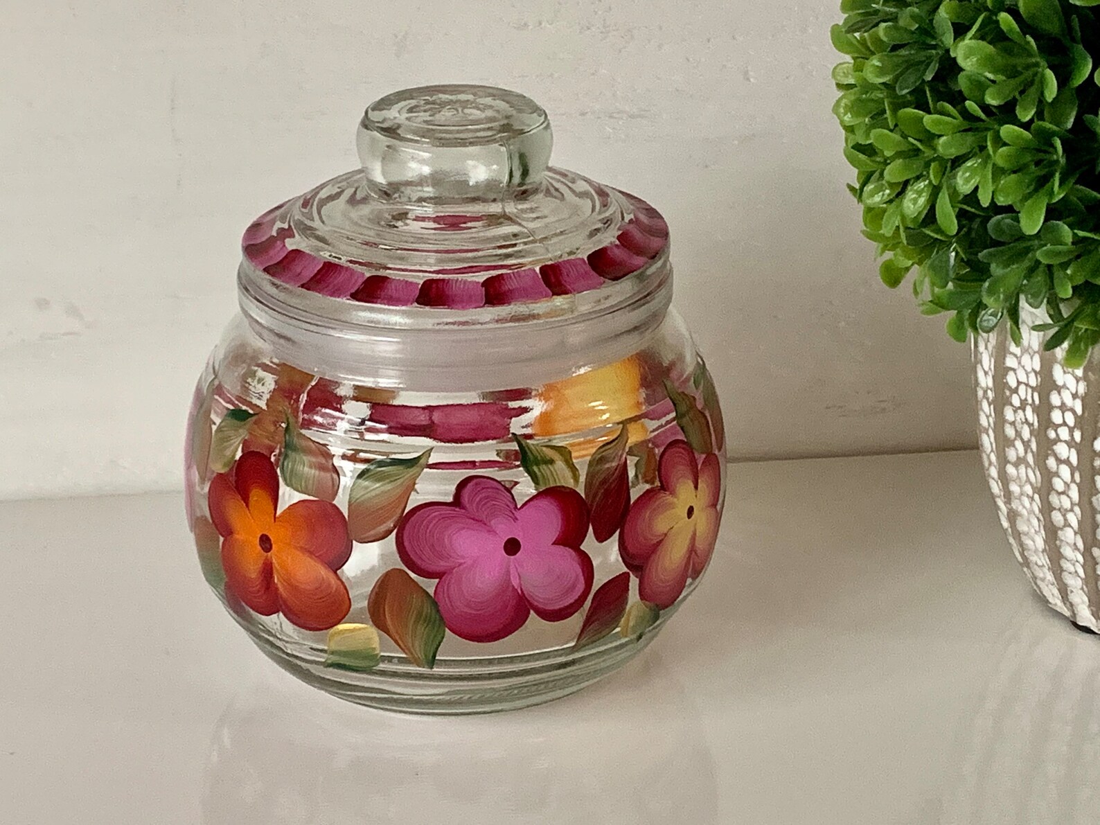 Painted Cookie Jar, Fall Flowers Candy Jar, Glass Jar With Lid, Candle ...
