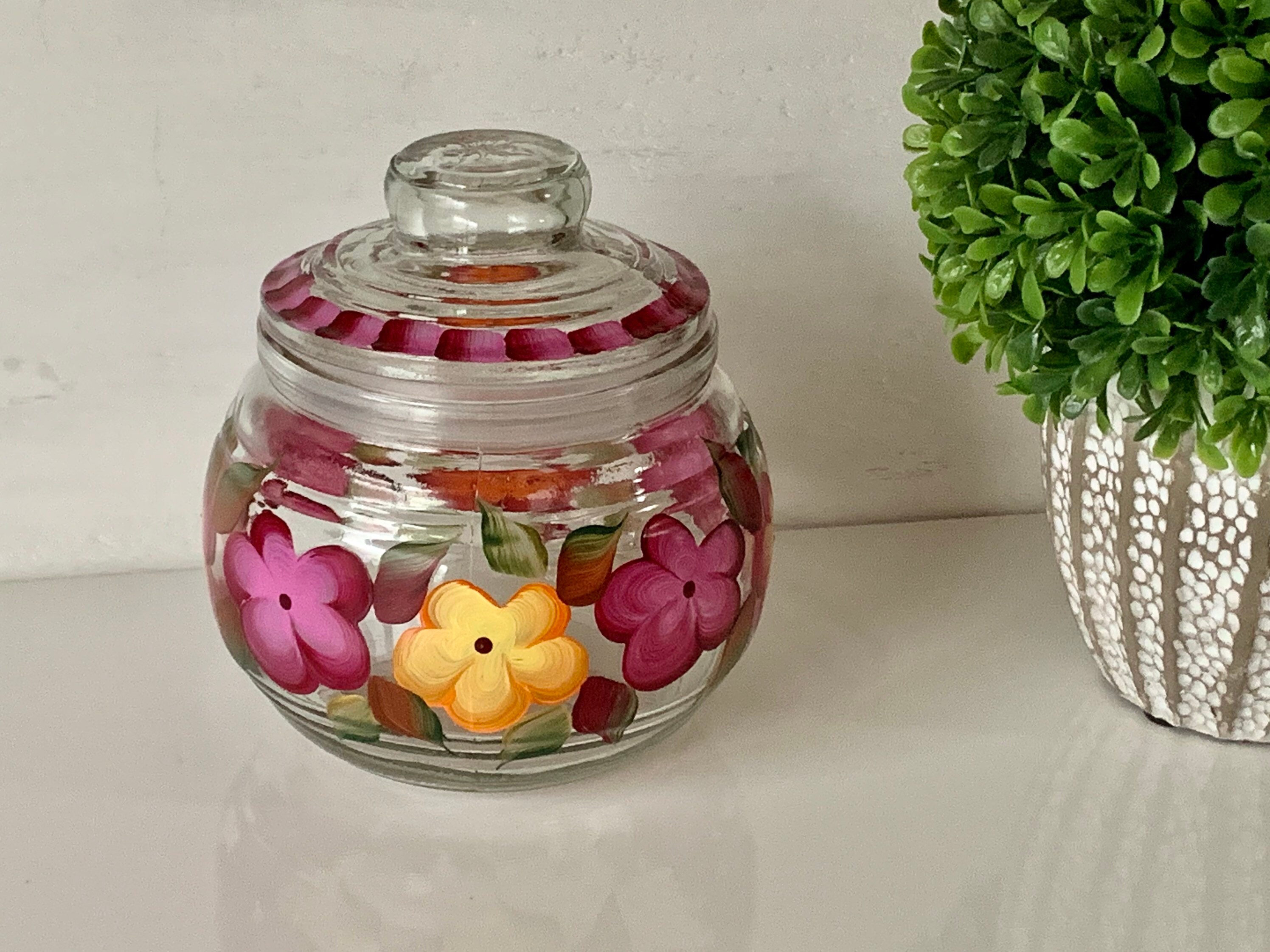 Painted Cookie Jar, Fall Flowers Candy Jar, Glass Jar With Lid, Candle ...