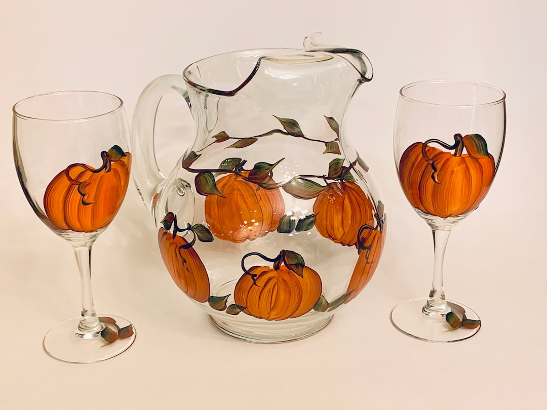 Hand Painted Pumpkin Pitcher Set, Fall Glass Pitcher, Orange Pumpkin ...